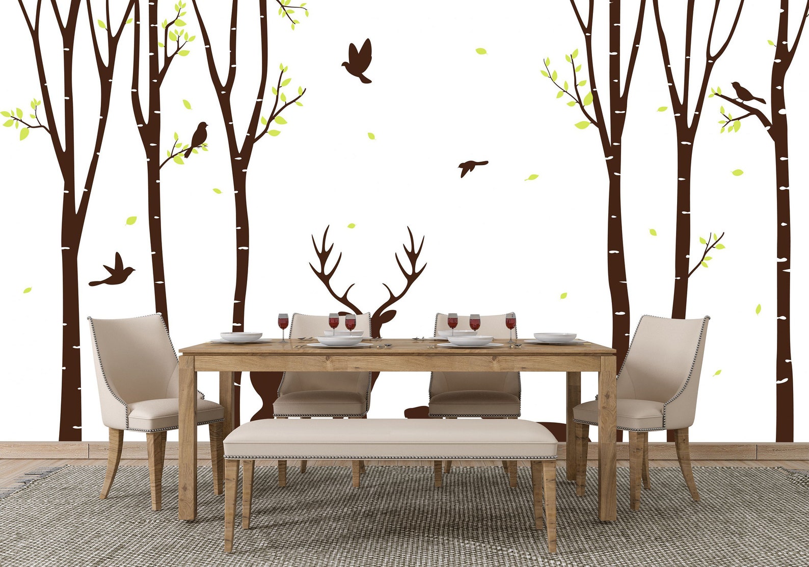 Birch Tree Deer Wall Mural: Peel and Stick Fabric Decal - Etsy