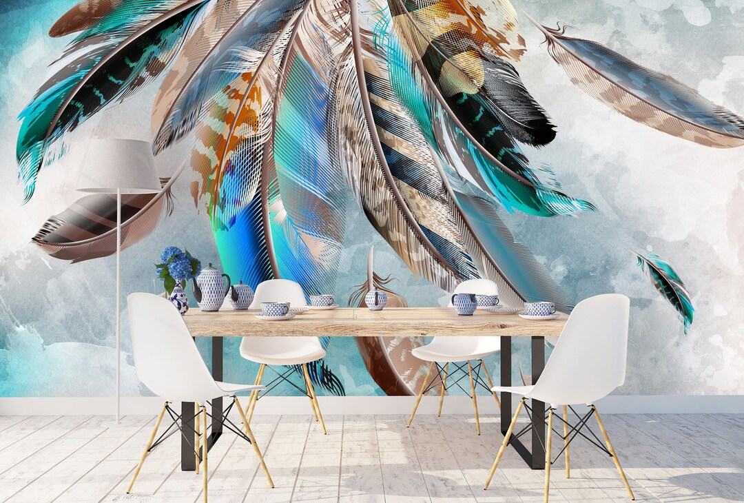 Colorful Feather Wallpaper Mural: Peel and Stick Wall Art - Etsy