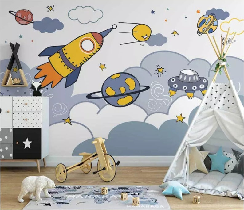 Cartoon Rocket Space Wallpaper: Peel and Stick, Removable Wall Art - Etsy