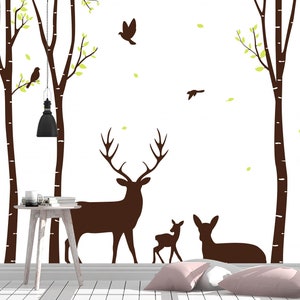 Birch Tree Deer Wall Mural: Peel and Stick Fabric Decal - Etsy