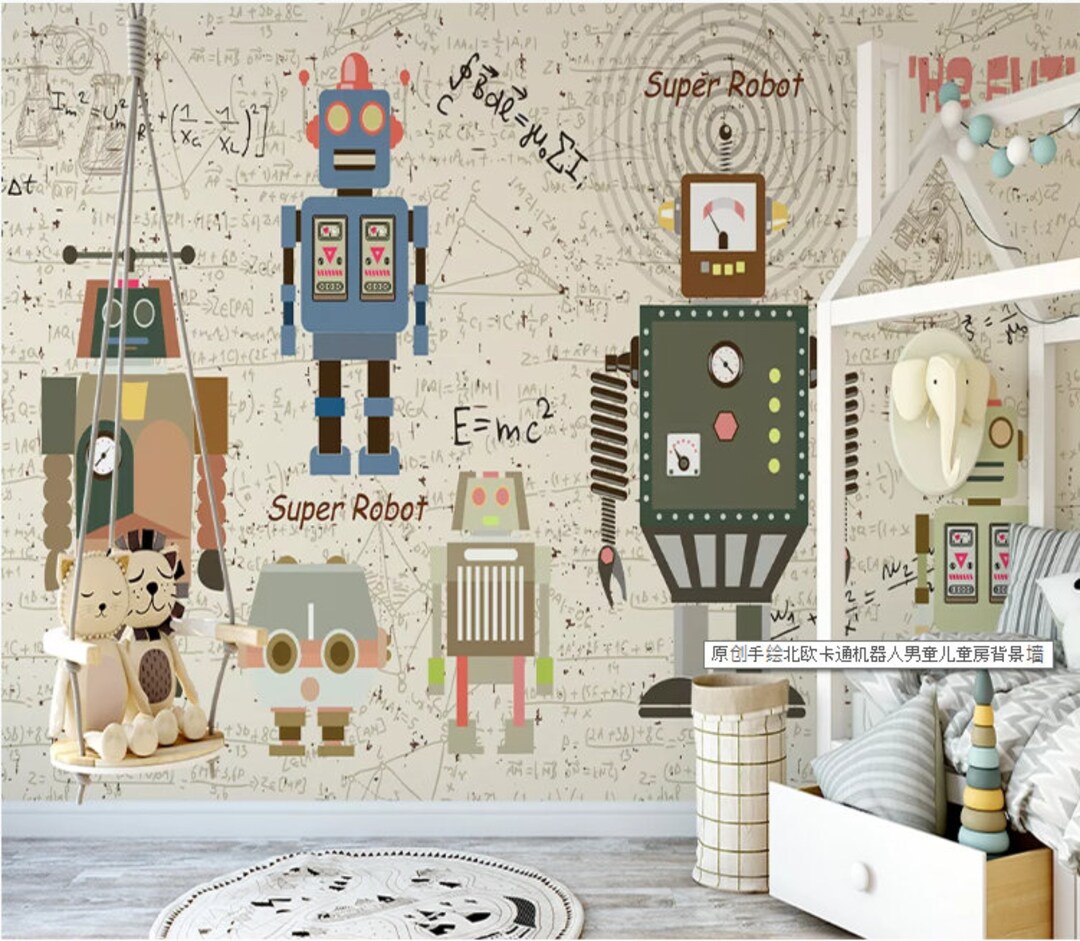 Fabric Peel and Stick Removable Hand Drawn Robots Wall Mural, Re ...
