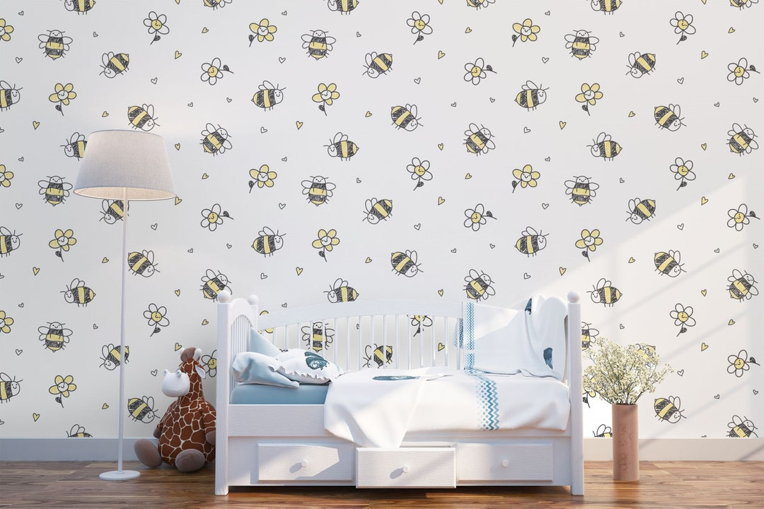 Cute Bees Wallpaper: Peel and Stick Removable Fabric Wall Mural - Etsy
