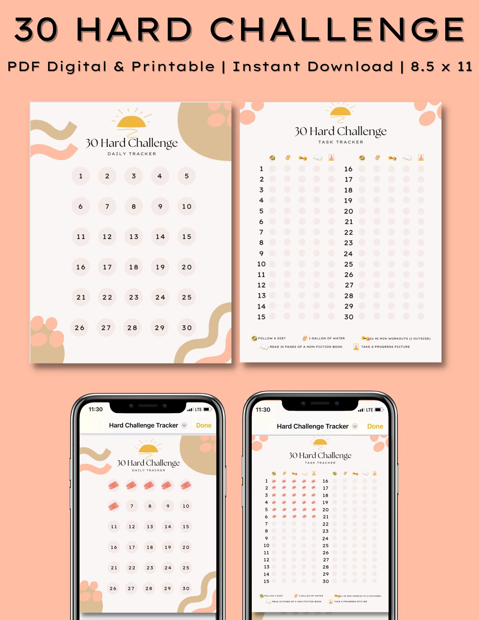 30 Hard, 30 Hard Challenge, 30 Hard Instant Digital/printable Tracker ...