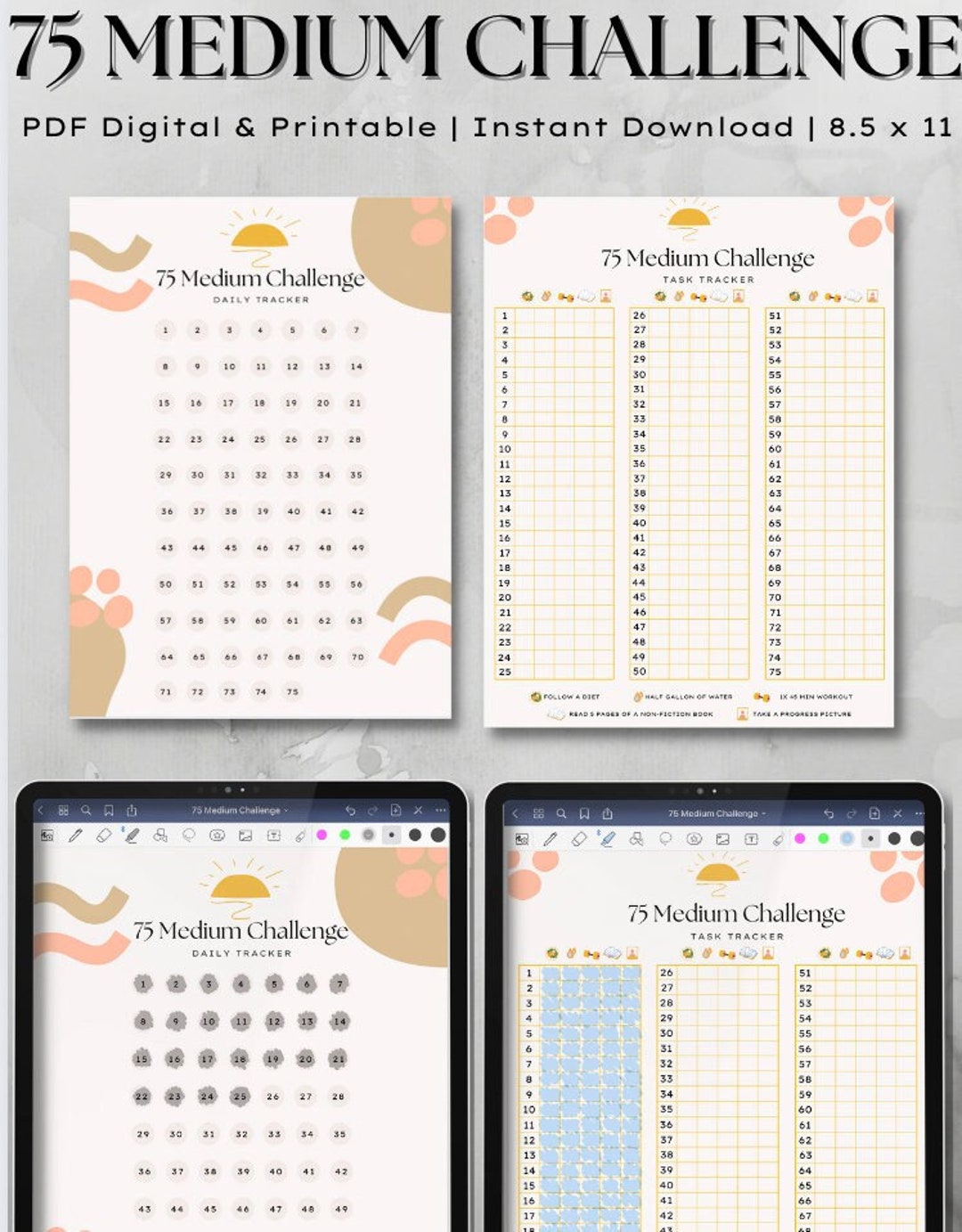 75 Medium 75 Medium Challenge Tracker 75 Medium Instant - Etsy