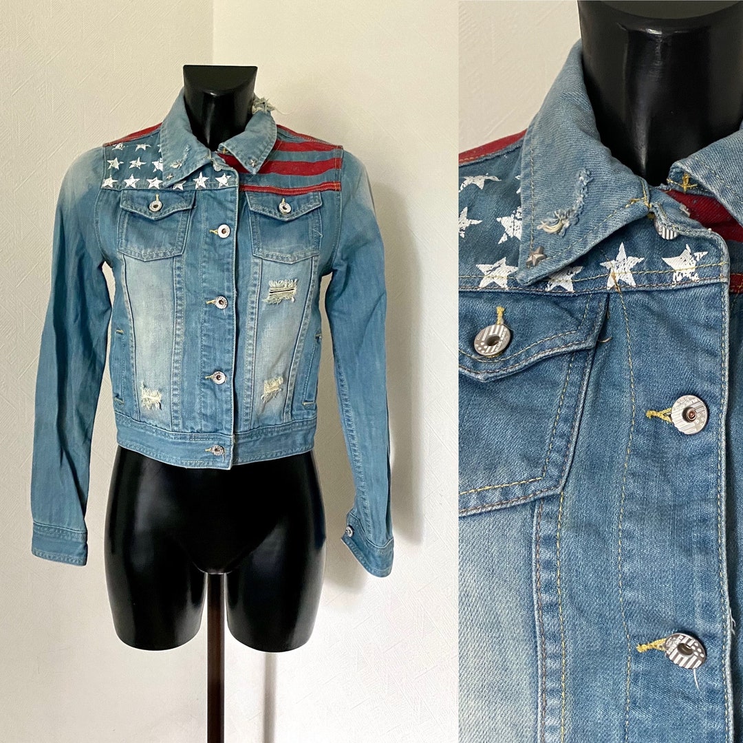 90's Blue Denim Jacket USA Flag Jean Jacket Vtg Denim Motorcycle Jacket ...