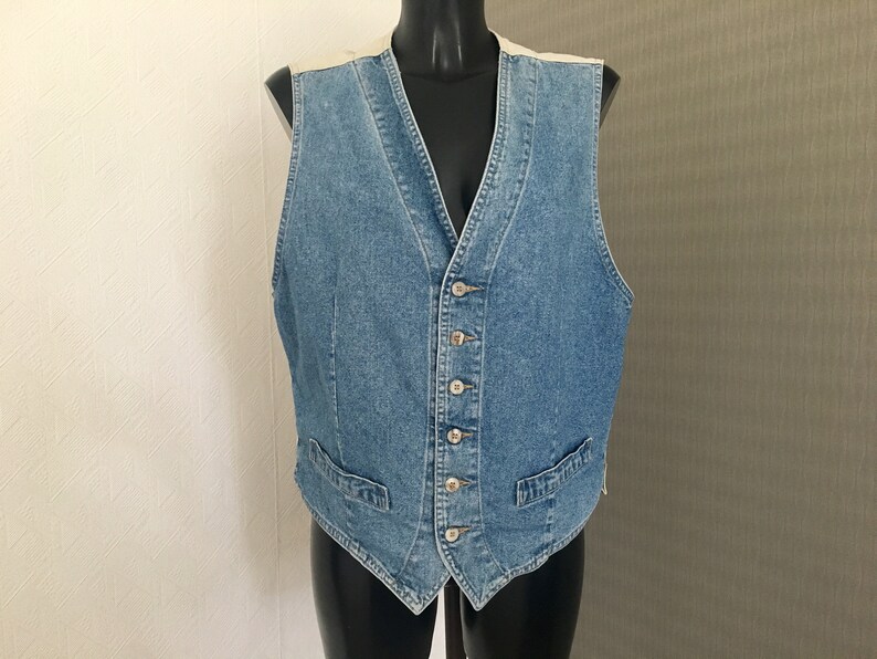 Vest Denim Vest Blue Denim Beige Back Side Unisex V Neckline Vest ...