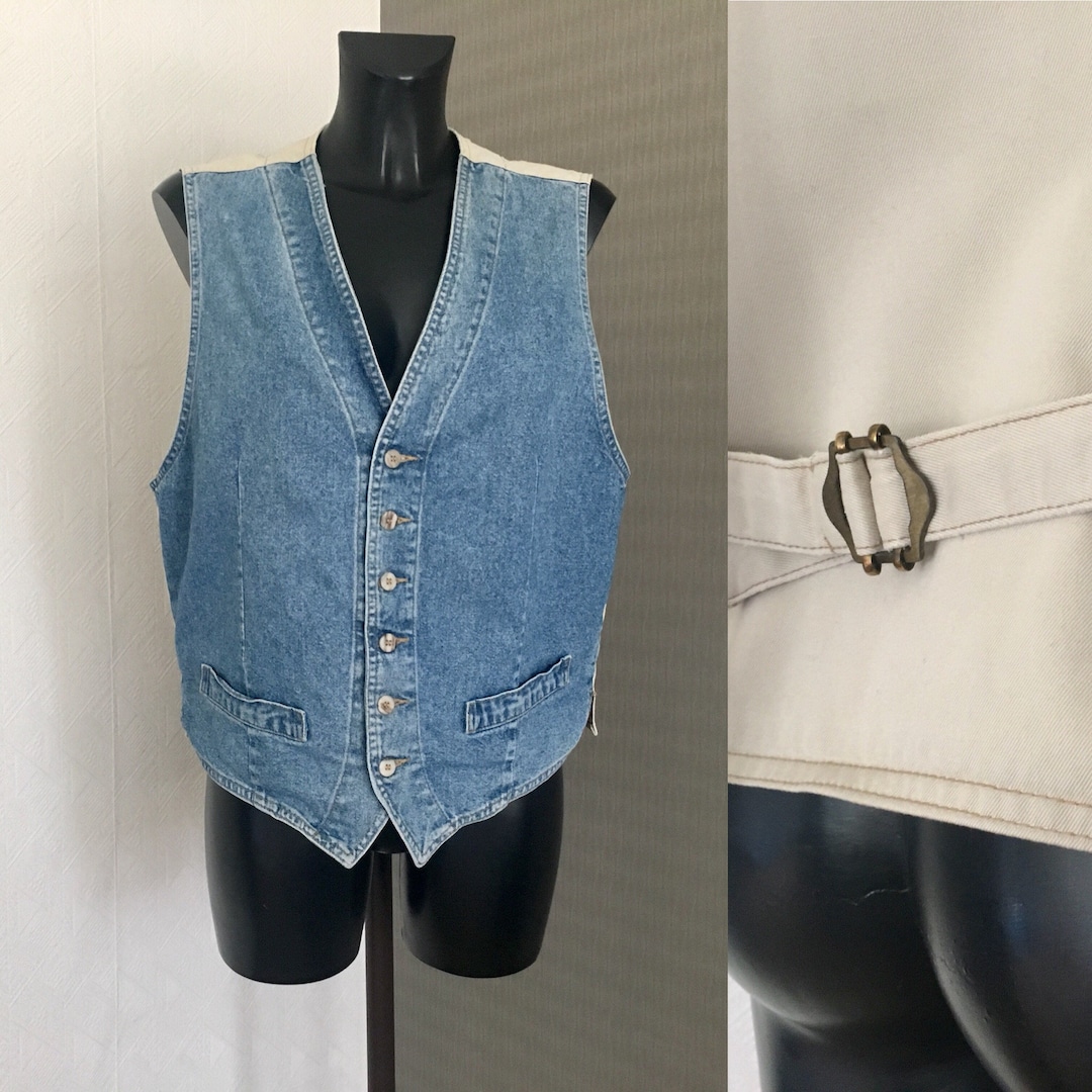 Vest Denim Vest Blue Denim Beige Back Side Unisex V Neckline Vest ...