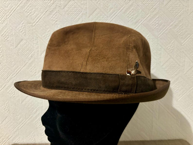 Vintage Men's Porkpie Leather Brown Hat With Brown Band English ...