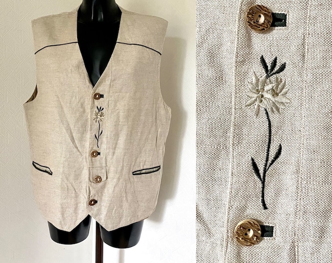 Dirndl Beige Men's Loden Vest Embroidered Traditional Folk Austrian ...