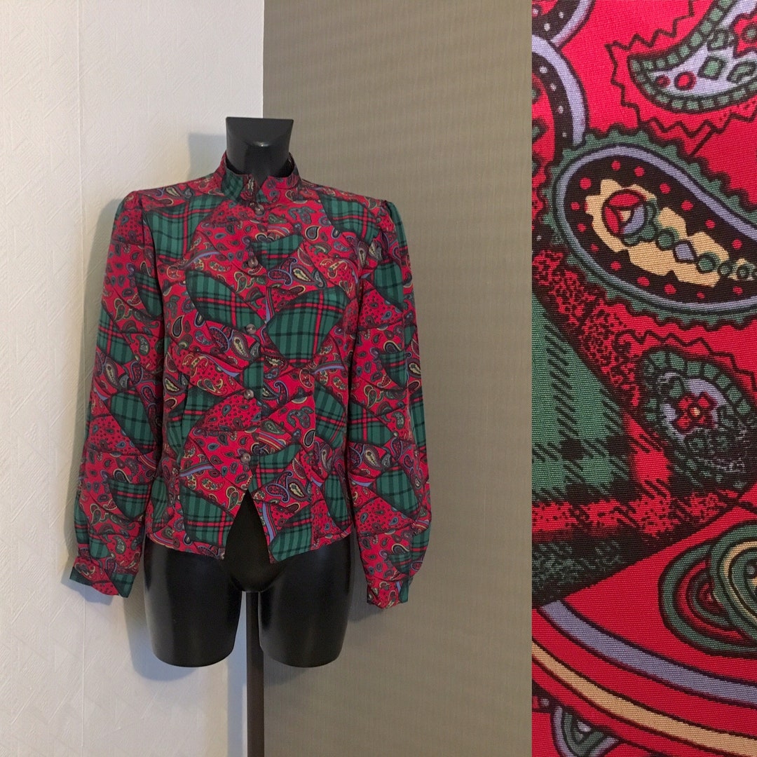 Vintage 90s Silky Blouse Red/ Green Shirt Button Up Shirt Paisley And ...