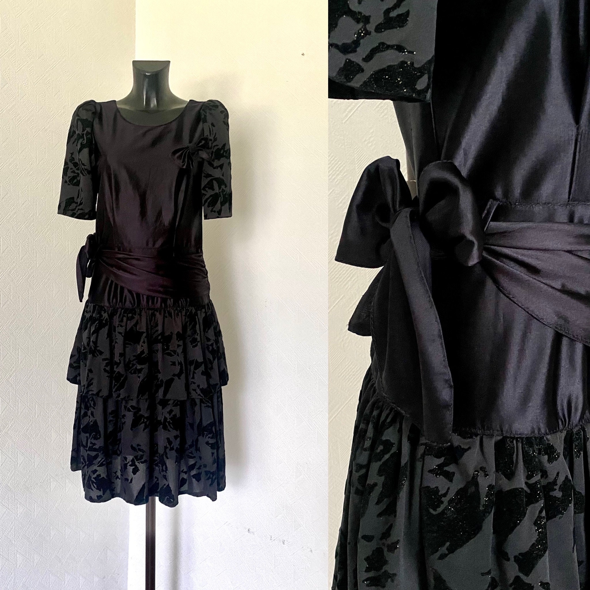 80s Vintage Prom Dress Retro Party Black Floral Shiny Midi - Etsy