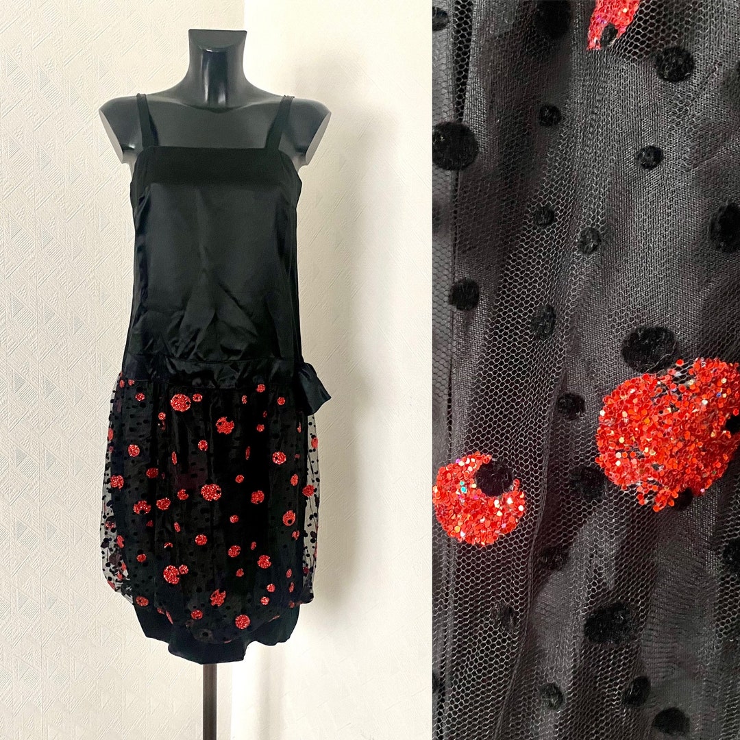 80s Vintage Prom Dress Retro Party Black Strap Puff Dress Red Polka Dot ...