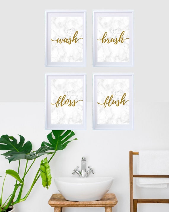 Wash Brush Floss Flush Print Printable Glam Gold Bathroom | Etsy