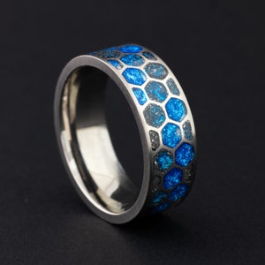 Blue Titanium Meteorite Ring, Mens Meteorite Ring With Blue Glow in the ...