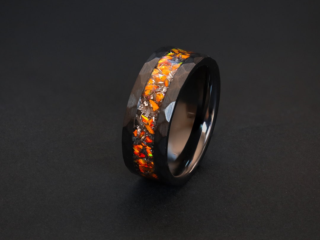 Meteorite Ring, Meteorite Opal Ring, Orange Meteorite Ring, Hammered ...