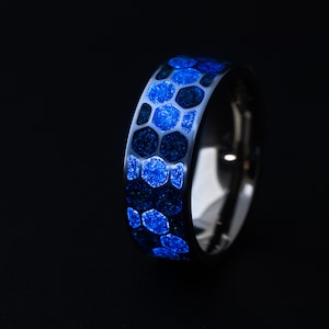 Blue Titanium Meteorite Ring, Mens Meteorite Ring With Blue Glow in the ...