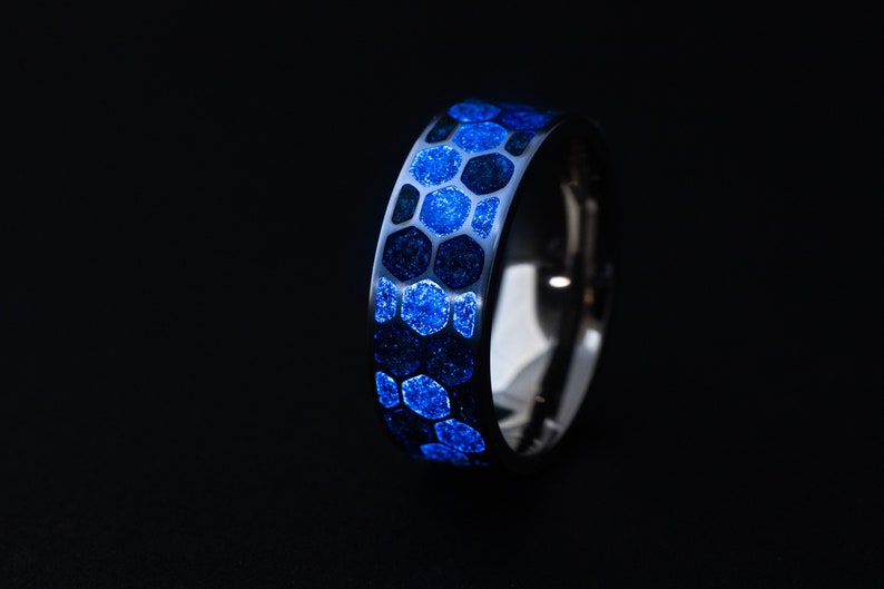 Blue Titanium Meteorite Ring, Mens Meteorite Ring With Blue Glow in the ...