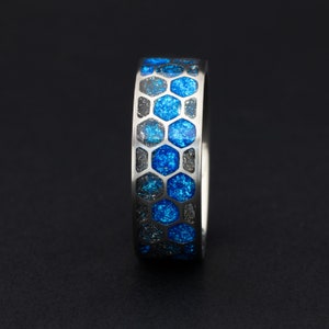 Blue Titanium Meteorite Ring, Mens Meteorite Ring With Blue Glow in the ...