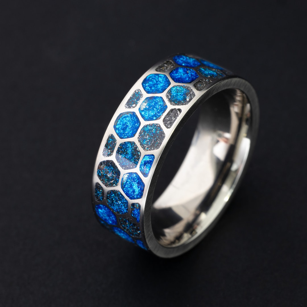 Blue Titanium Meteorite Ring, Mens Meteorite Ring With Blue Glow in the ...
