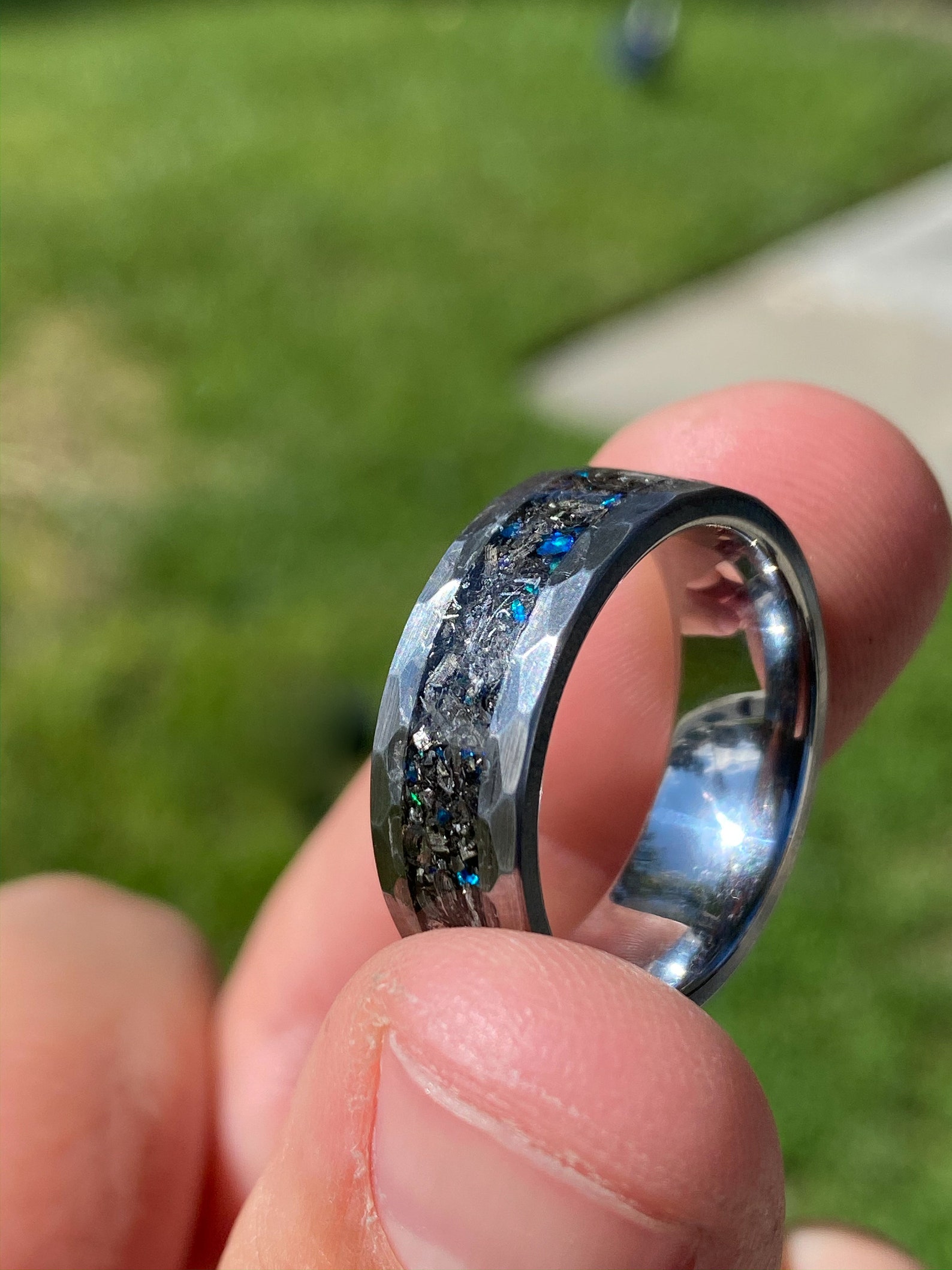 Meteorite Ring Tungsten Meteorite Opal Ring Blue Meteorite | Etsy