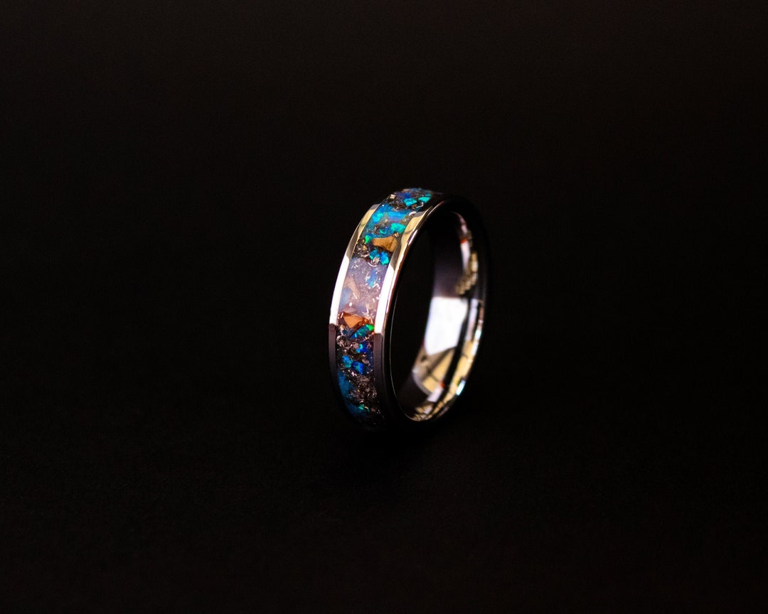 Meteorite Glow Ring With Dinosaur Bone and Men's Tungsten Wedding Band ...