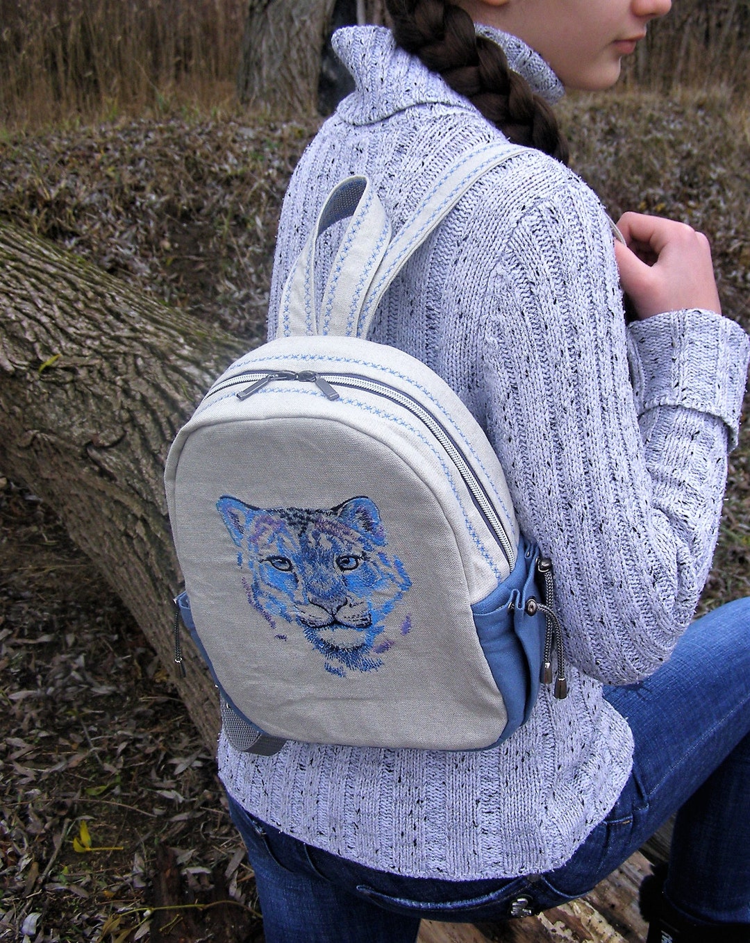 Small Linen Beige & Blue Backpack, Fabric Mini Backpack With Embroidery ...