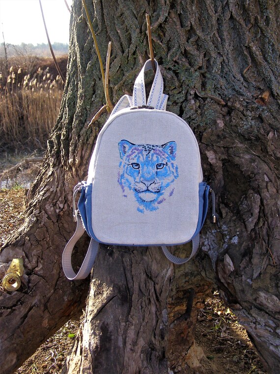 Small Linen Beige & Blue Backpack Fabric Mini Backpack With - Etsy