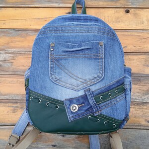 Upcycled Denim Backpack: Small Leather Accent Bag - Etsy