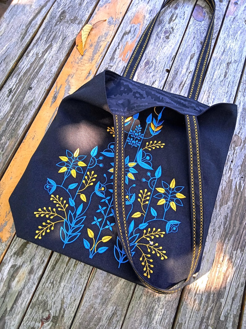 Denim Tote Bag With Ukrainian Ethnic Ornament, Zip Pocket Tote ...