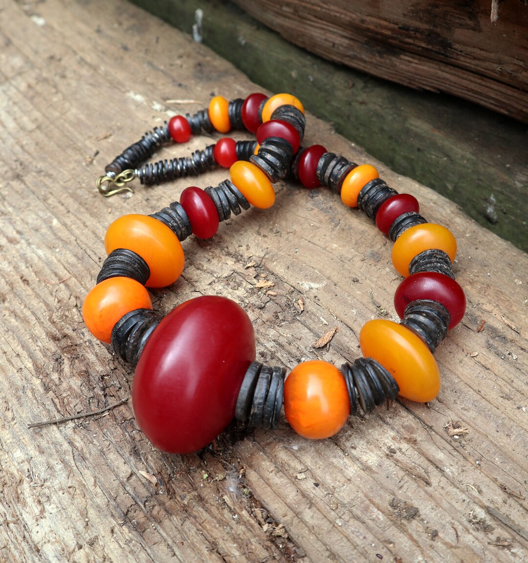 Big Vintage African Copal Resin and Coconut Heishi Bead Necklace - Etsy