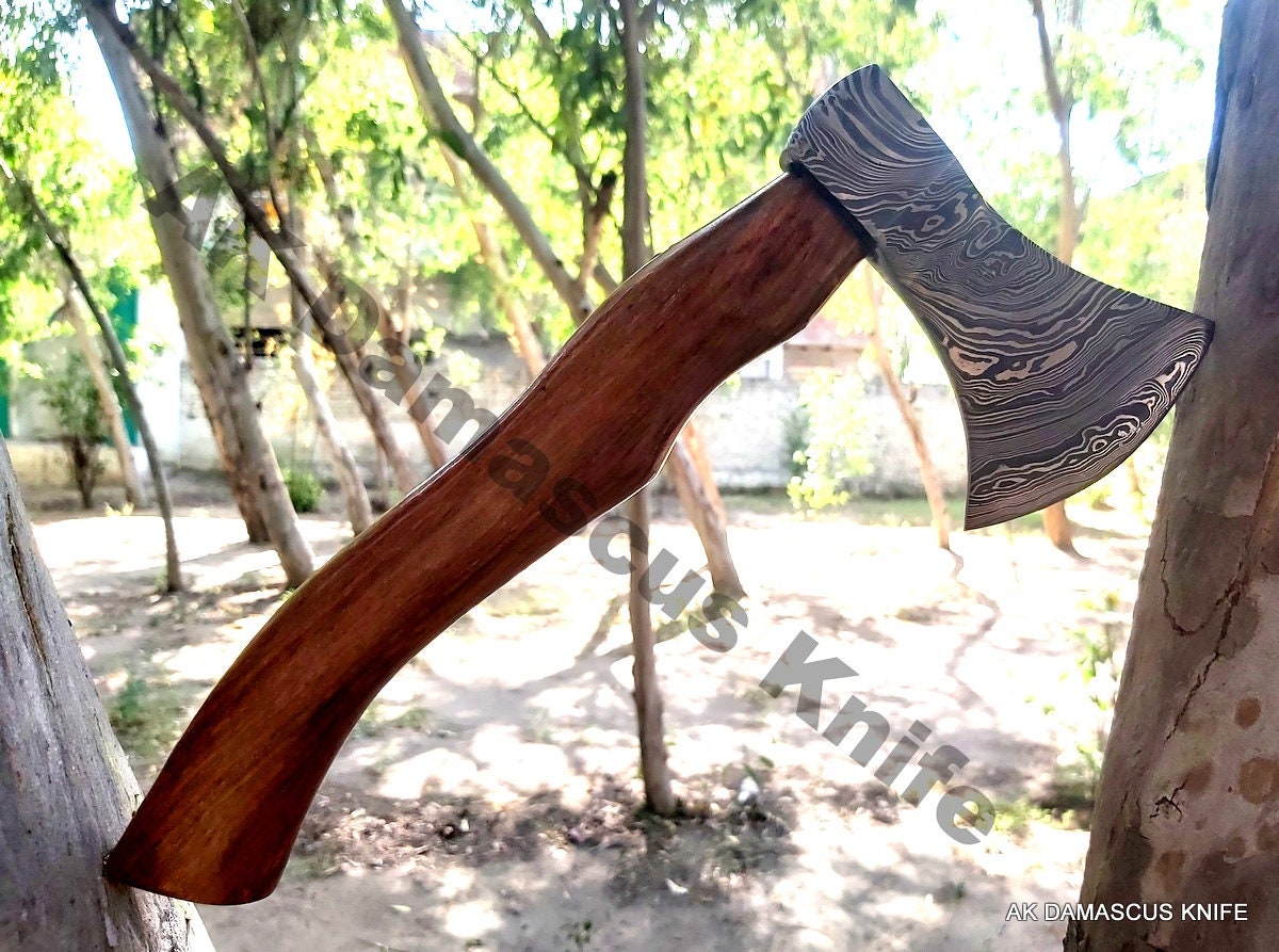 Handmade Forged Damascus Steel AXE Hachet Knife With Leather | Etsy