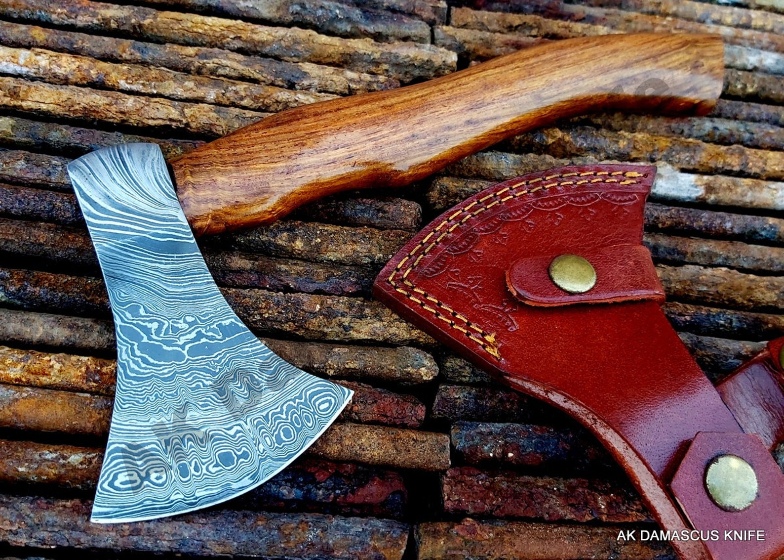 Handmade Forged Damascus Steel Hatchet: Rosewood Handle, Leather Sheath ...