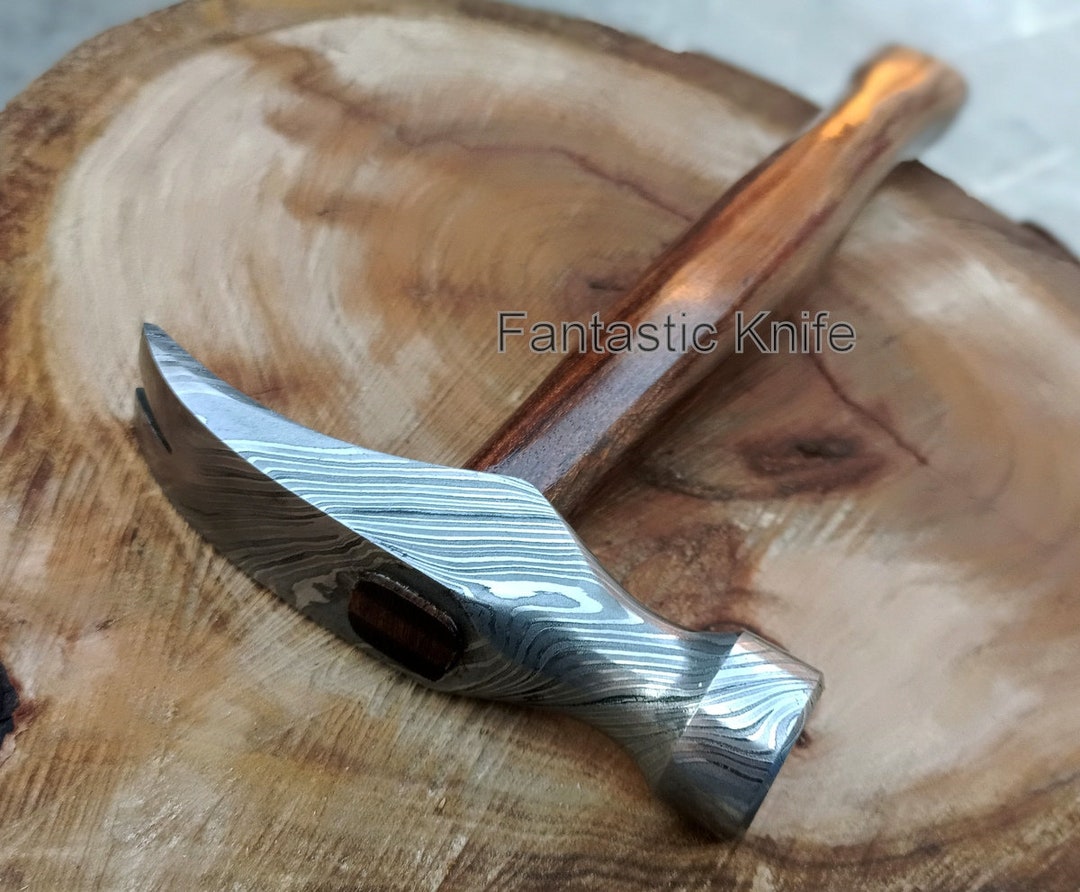 Hand Forged Damascus Steel Claw Hammer, Rose Wood Handle, With Leather ...