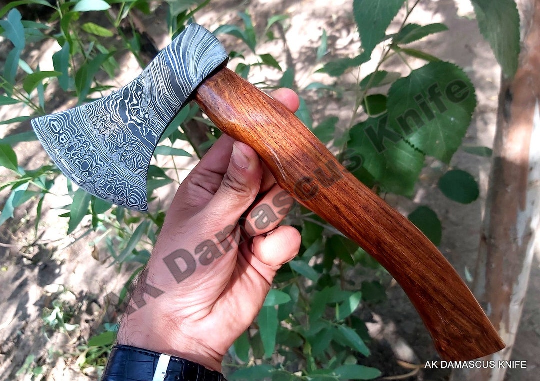 Handmade Forged Damascus Steel Hatchet: Rosewood Handle, Leather Sheath ...