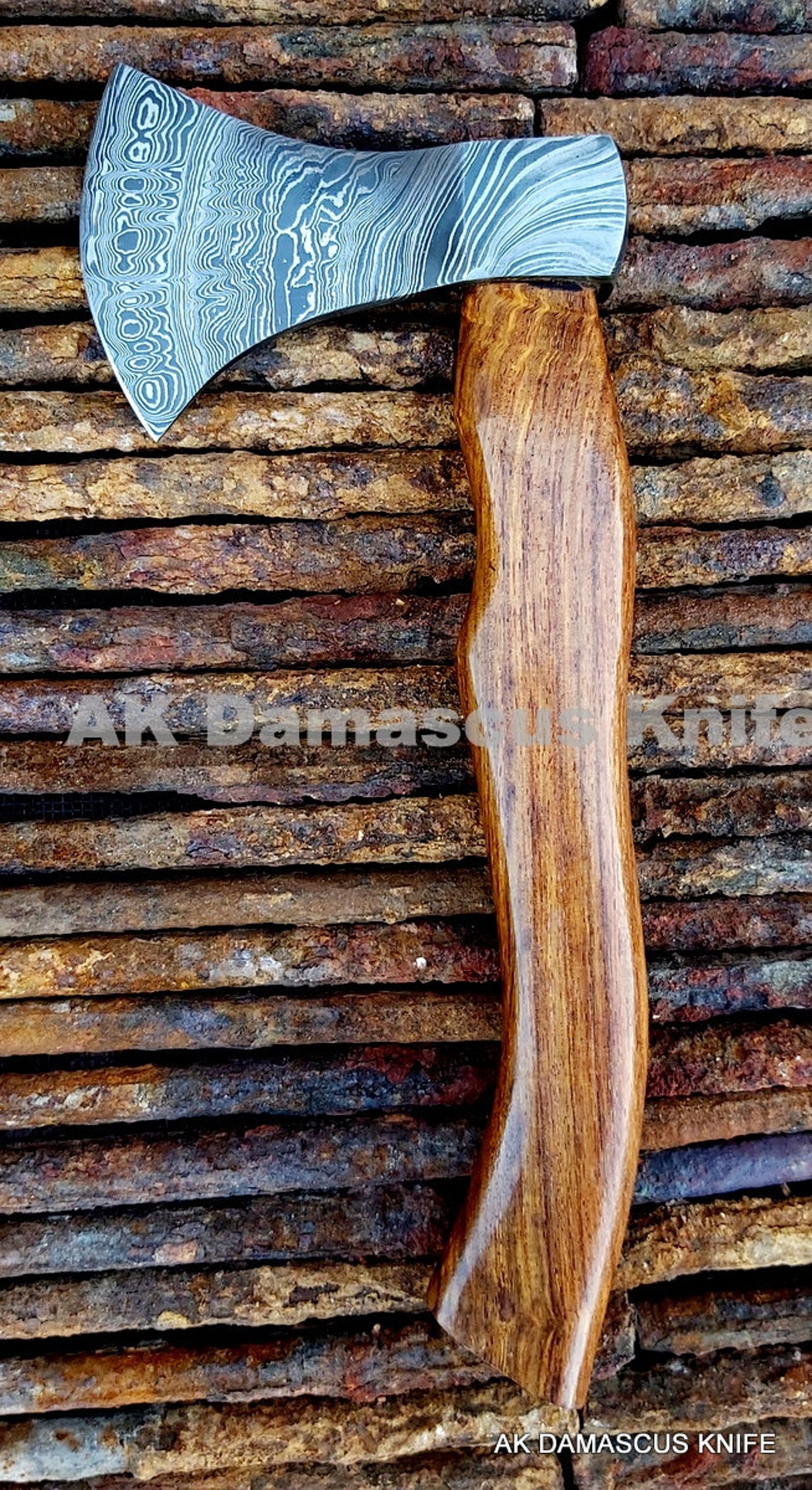 Handmade Forged Damascus Steel Hatchet: Rosewood Handle, Leather Sheath ...