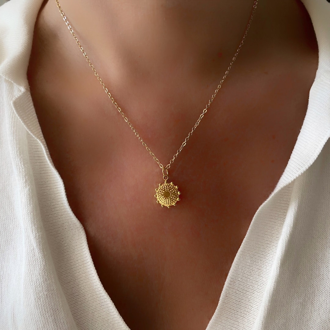 Dainty Medallion Necklace, Small Gold Coin Necklace Sunbeam Pendant ...