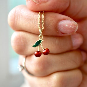 14K Solid Gold Cherry Charm Dainty Fruit Pendant Enamel Necklace Gold Cherry Pendant Handmade Jewelry Etsy