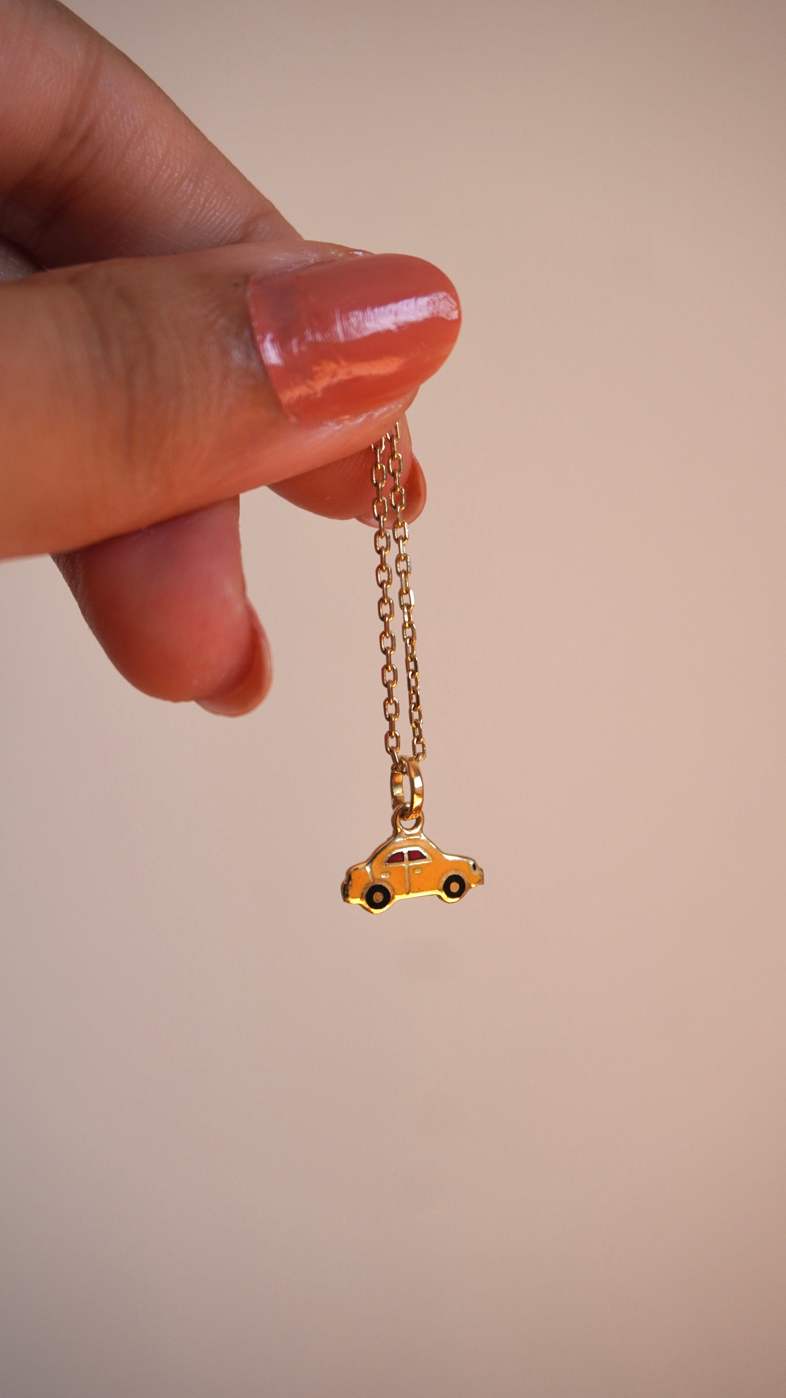 14K Solid Gold Yellow Car Charm, Dainty Necklace, Enamel Pendant, Retro ...