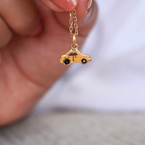 14K Solid Gold Yellow Car Charm, Dainty Necklace, Enamel Pendant, Retro ...