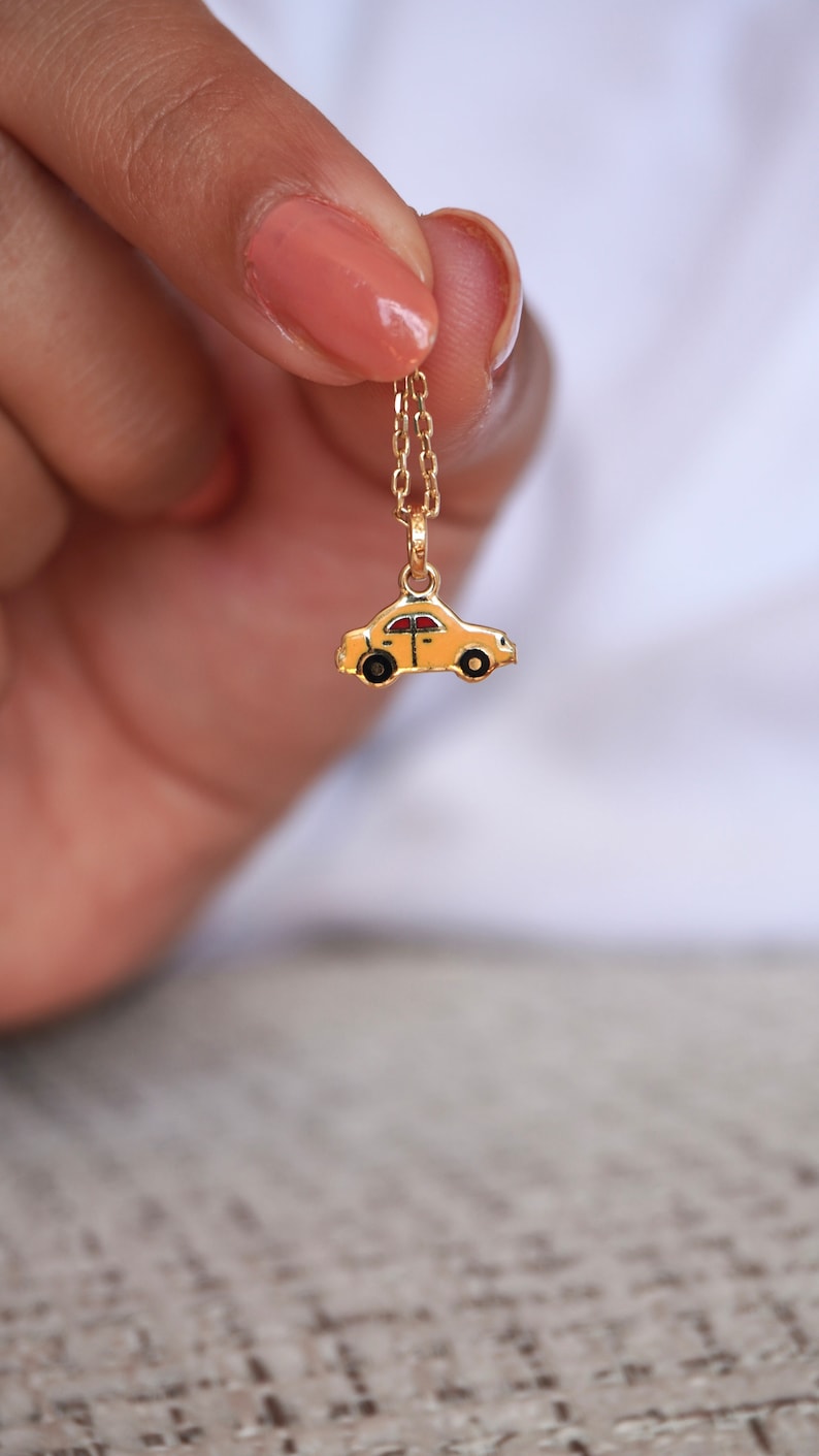 14K Solid Gold Yellow Car Charm, Dainty Necklace, Enamel Pendant, Retro ...