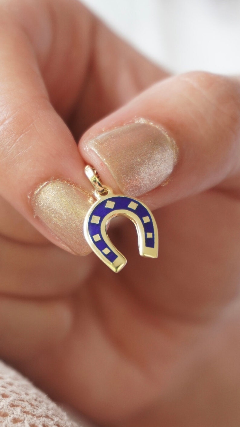 14K Solid Gold Horseshoe Charm, Dainty Gold Pendant, Enamel Necklace ...