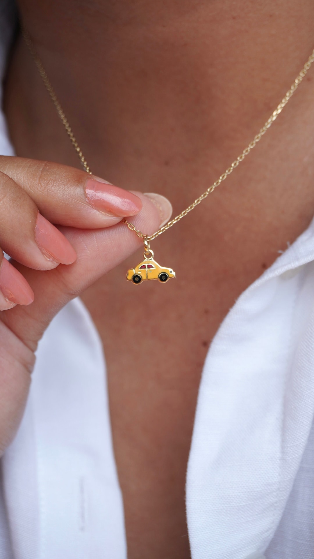 14K Solid Gold Yellow Car Charm, Dainty Necklace, Enamel Pendant, Retro ...