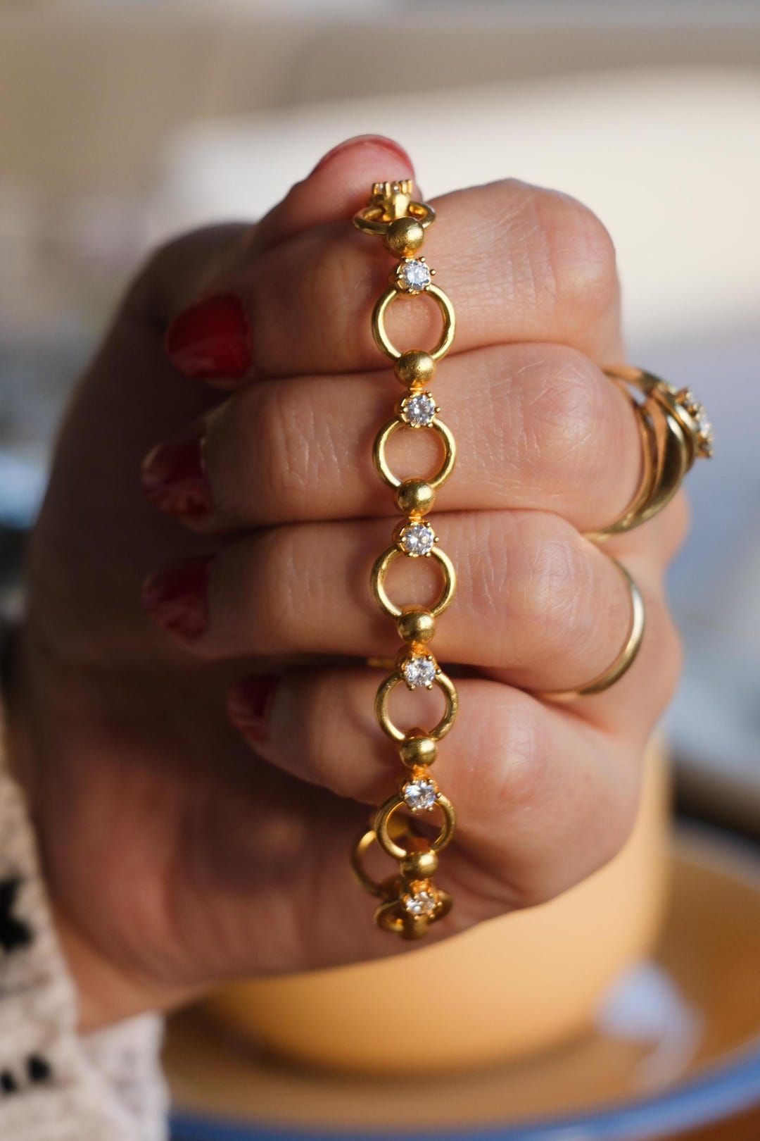 Handmade Chain Bracelet With Zircon Stones, Gold Plated Bold Bracelet ...