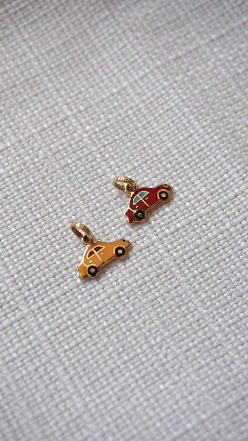 14K Solid Gold Yellow Car Charm, Dainty Necklace, Enamel Pendant, Retro ...