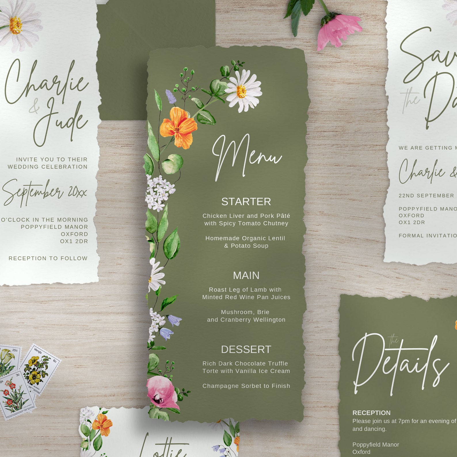 Wildflower Wedding Menu Template, Olive Green Wildflower Menu, Wedding ...