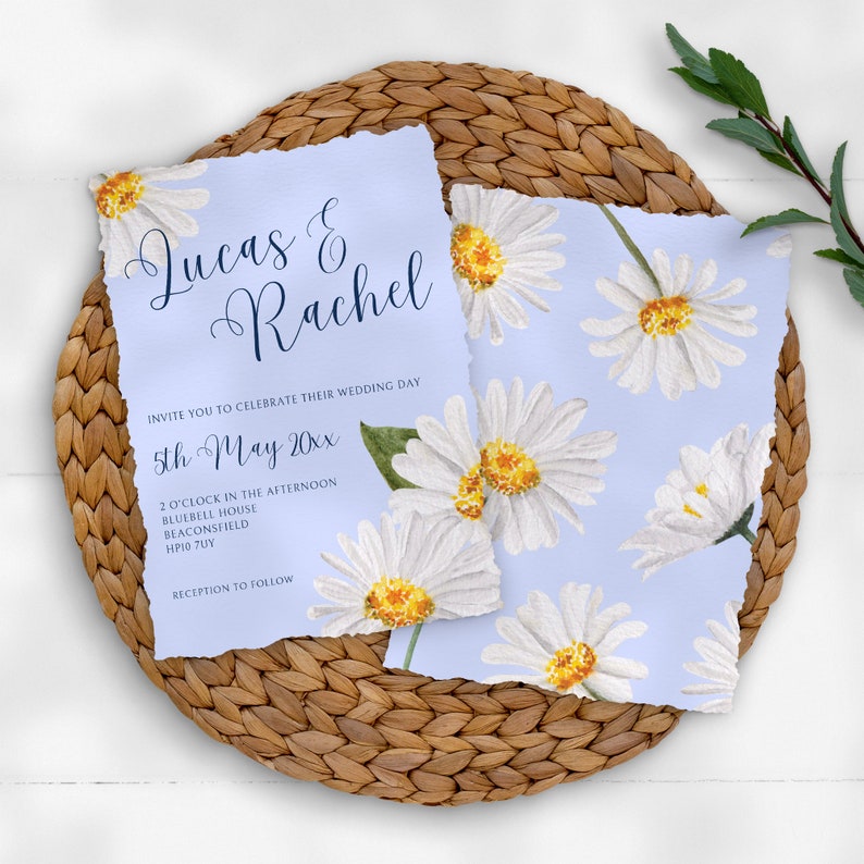 Rustic Daisy Wedding Invitation Template, Dusty Blue Wildflower Wedding Invite, 5x7 Printable ...