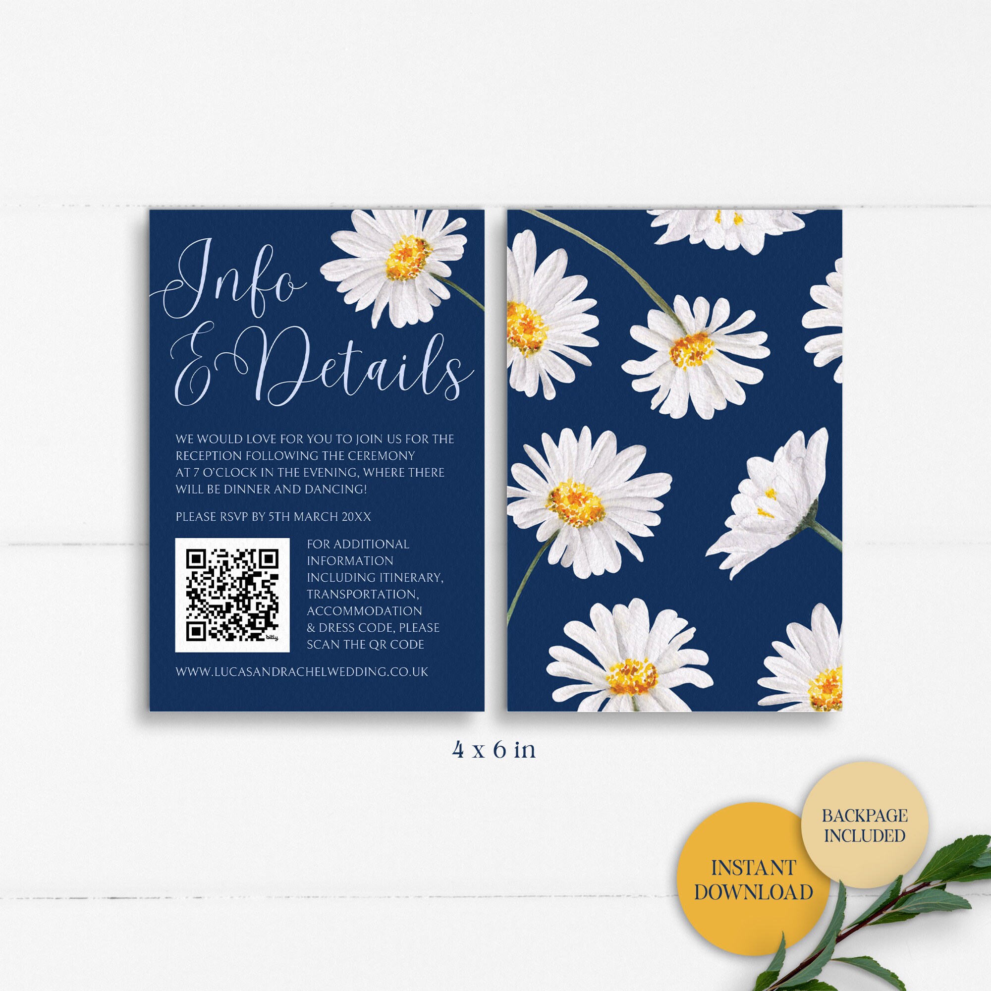 Daisy Wedding Details Invitation Template, Blue Wildflower Wedding Info ...