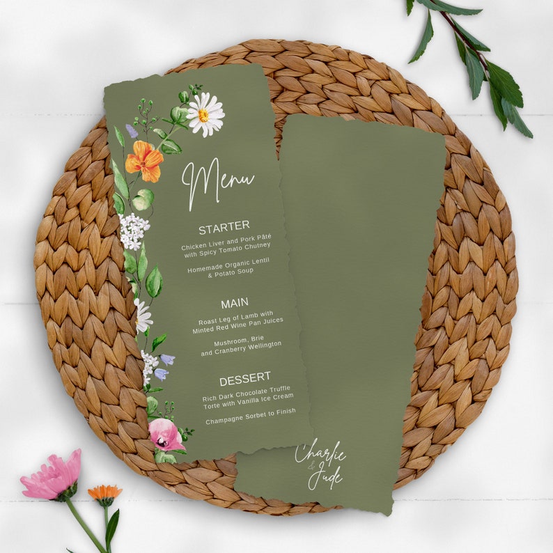 Wildflower Wedding Menu Template, Olive Green Wildflower Menu, Wedding ...