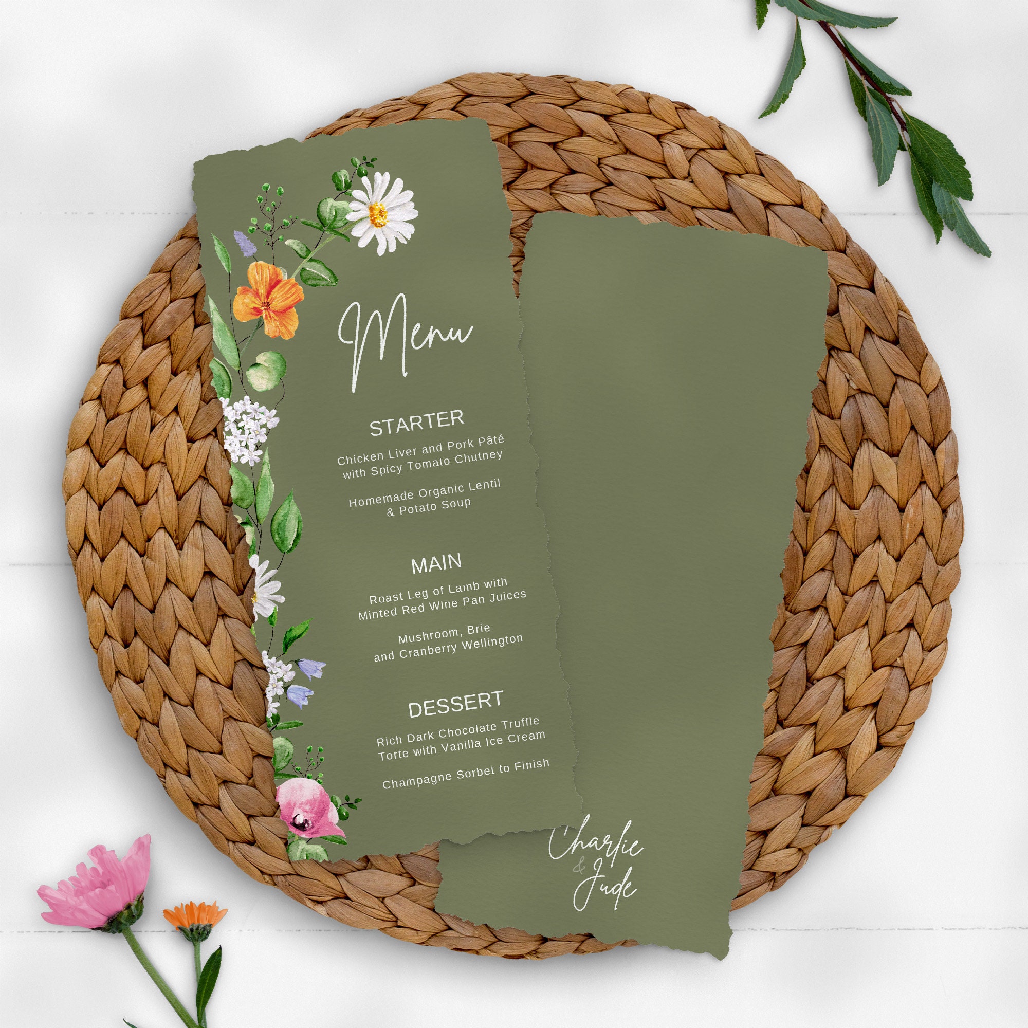 Wildflower Wedding Menu Template, Olive Green Wildflower Menu, Wedding ...