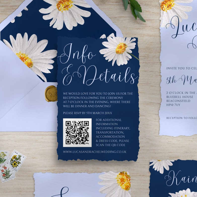 Daisy Wedding Details Invitation Template, Blue Wildflower Wedding Info Card With QR Code, DIY ...
